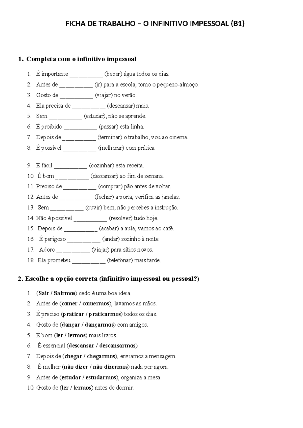 Ficha de Trabalho: Infinitivo Impessoal (B1) - Exercícios e Opções ...