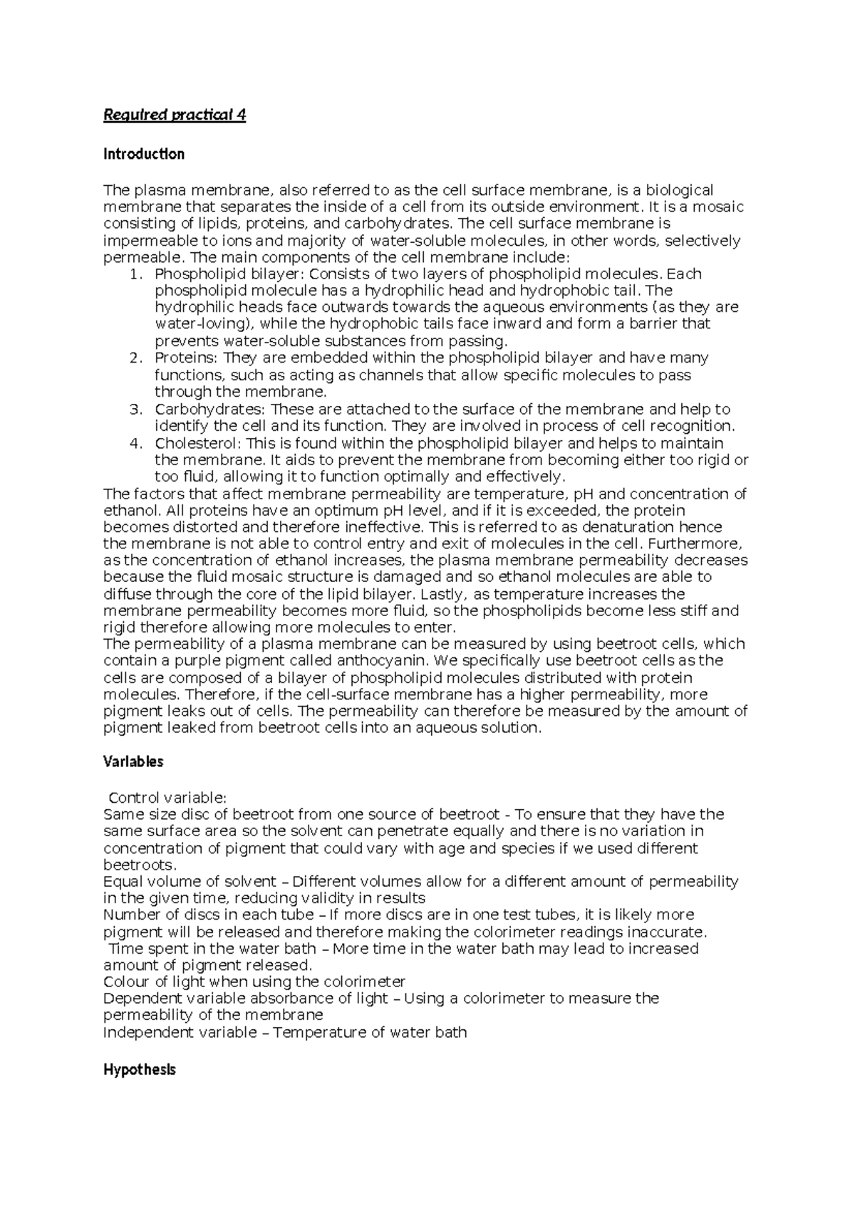 RP4 - A Level Biology Practical Study: Membrane Permeability of ...