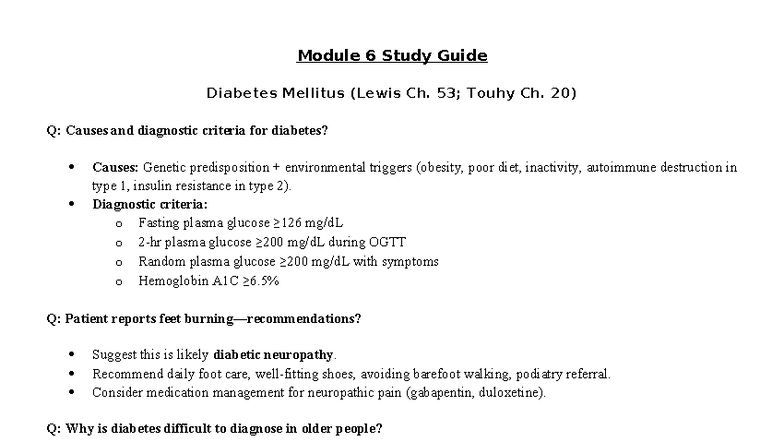 Module 6 Study Guide Quiz: Diabetes Mellitus & Endocrine Disorders ...