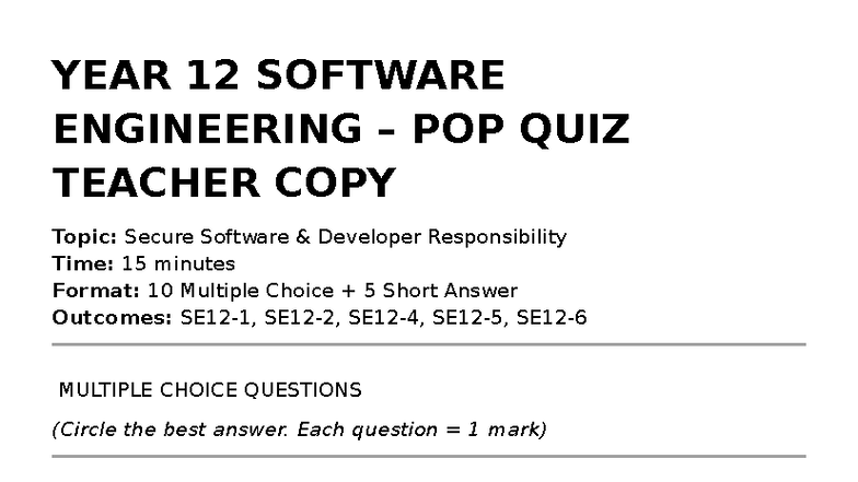 Year 12 Software Engineering Pop Quiz: Secure Software Dev ...