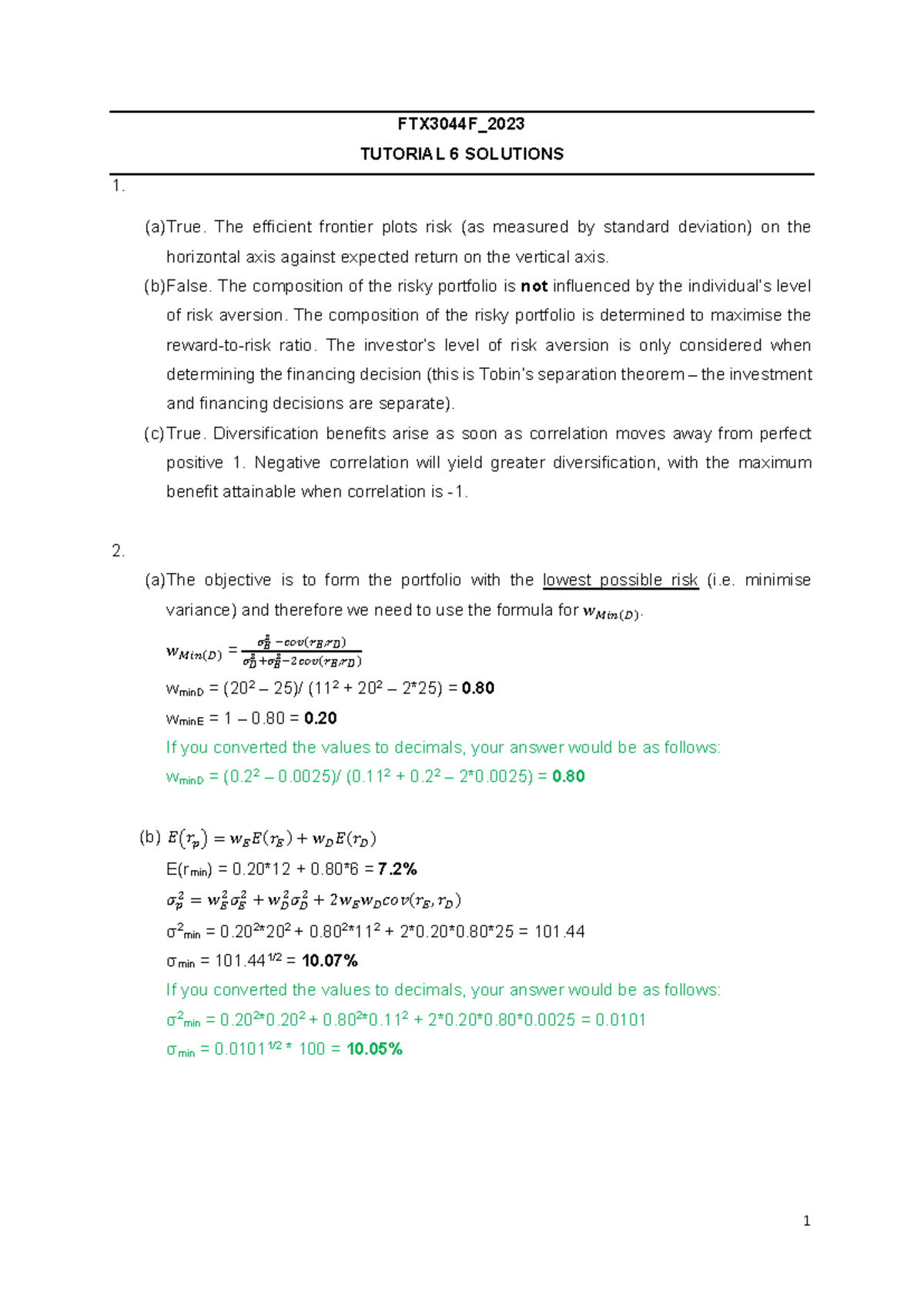 FTX3044F Tutorial 6 Solutions & Analysis (2023) - Studocu