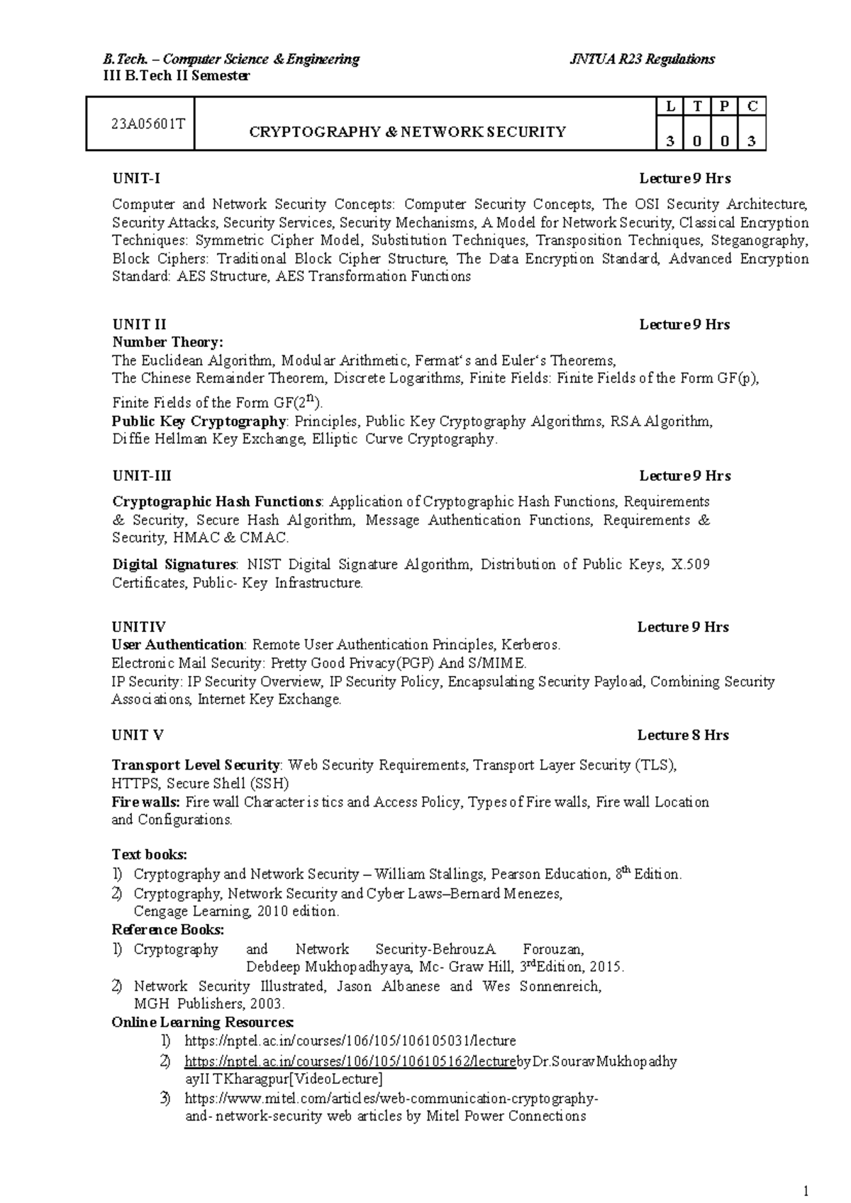 B.Tech II Sem 23A05601T Cryptography & Network Security Lecture Notes ...
