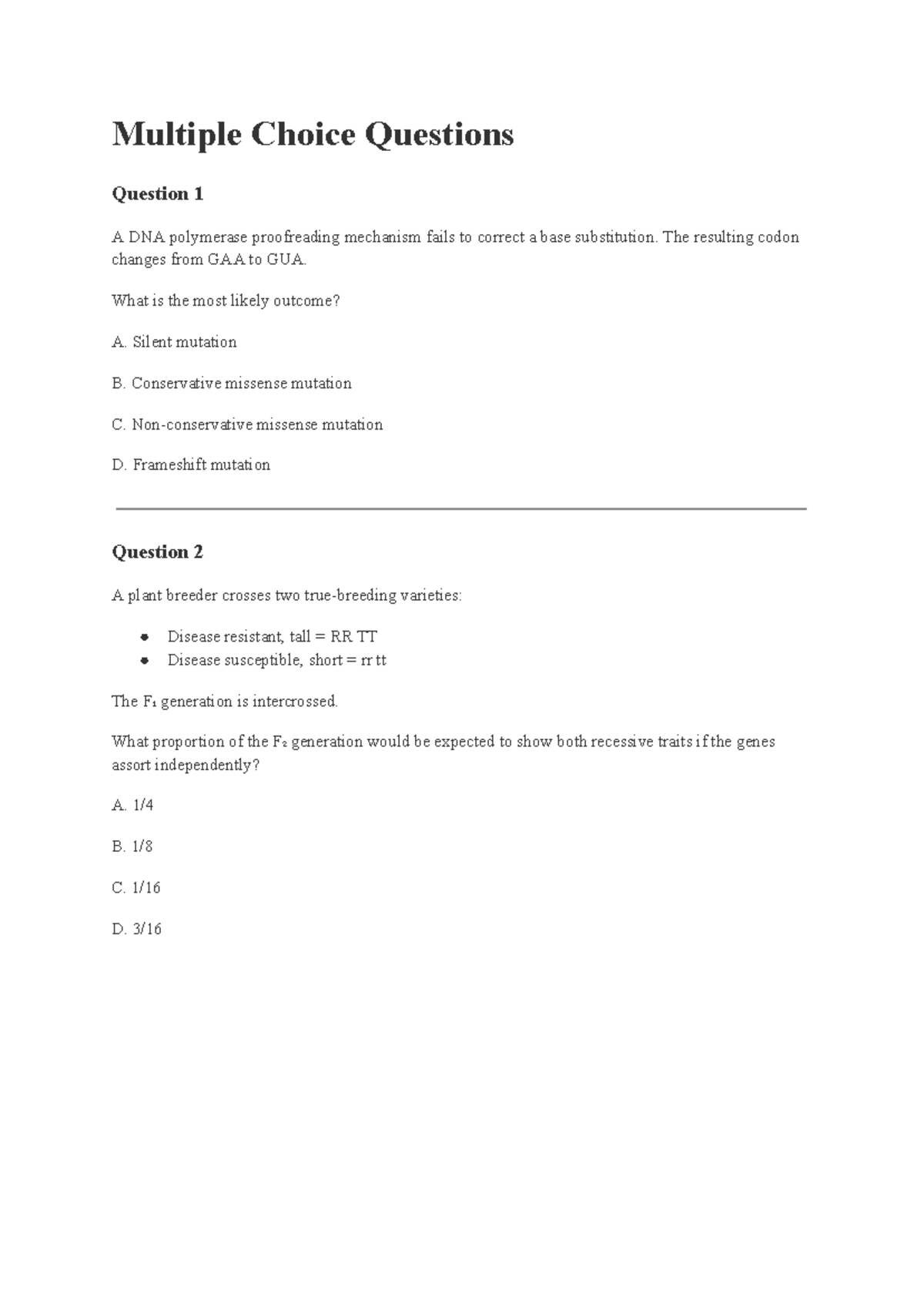 BIO1996 - Practice Questions on Genetic Mechanisms and Evolution - Studocu