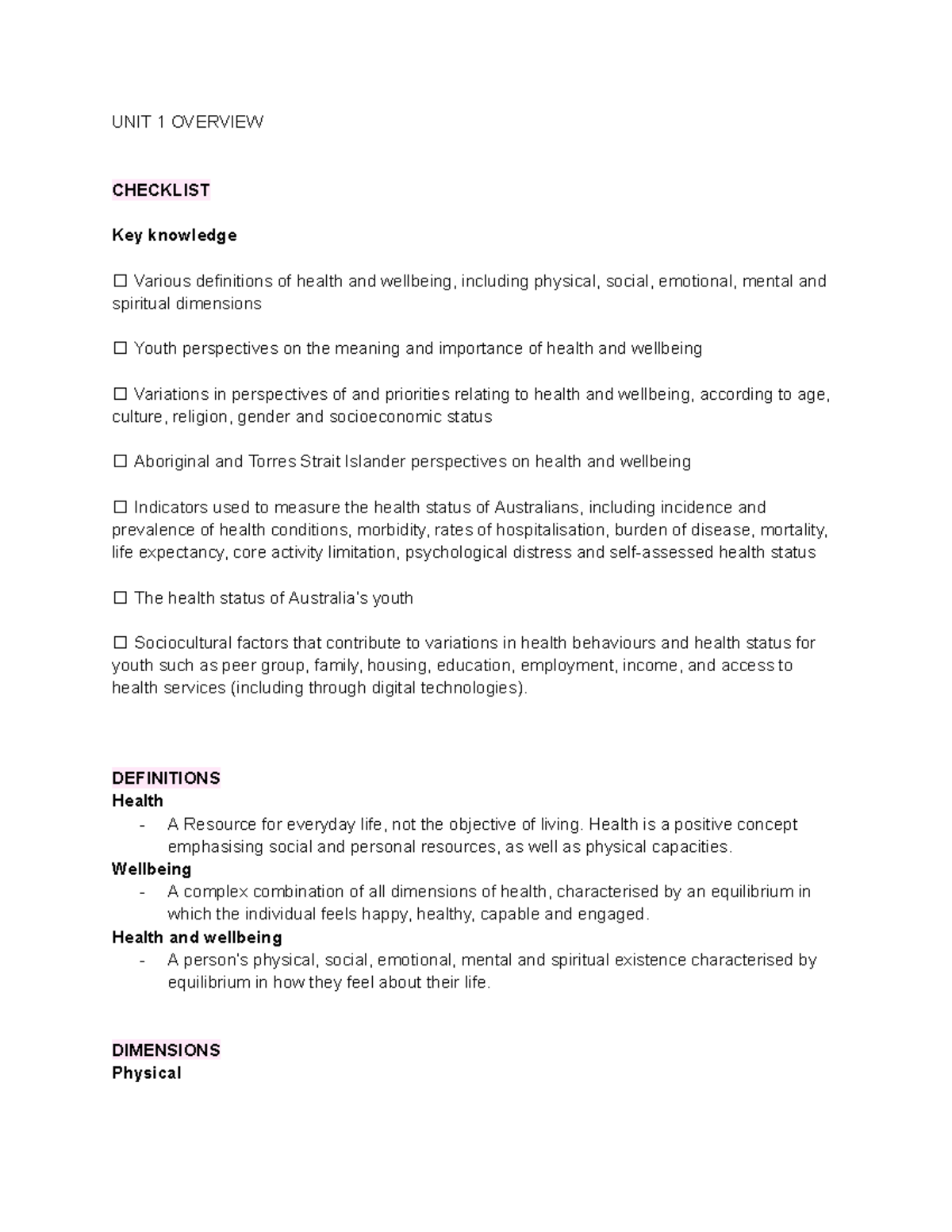 Unit 1 Health & Wellbeing AOS1 Study Notes - Studocu