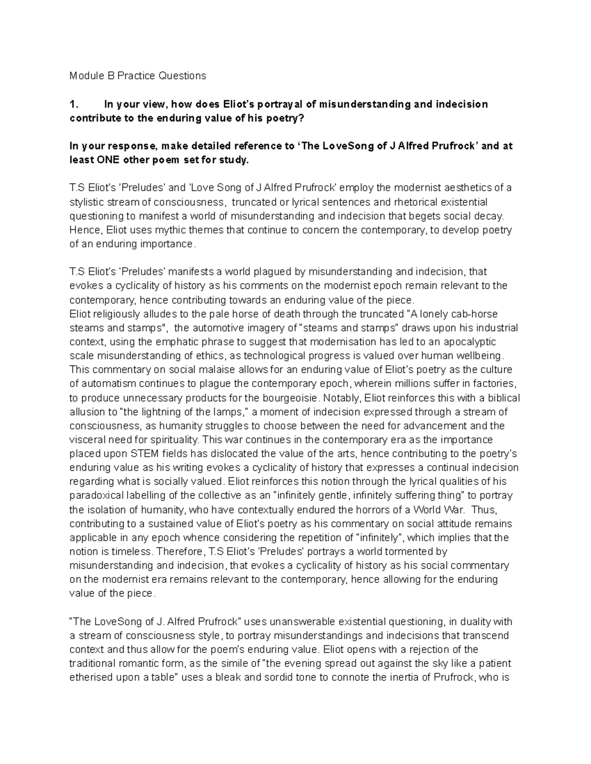 T.S. Eliot Module B Practice Essay Notes on Misunderstanding & Time ...