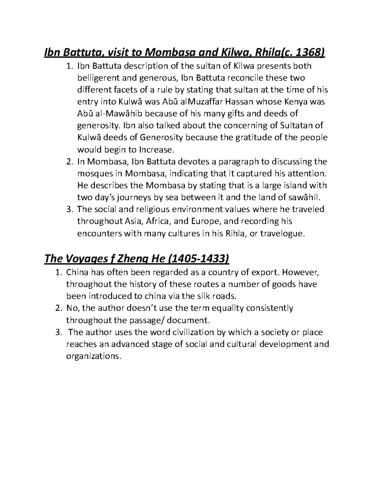 Battuta and Zheng He: Analyzing Cultural Encounters and Civilizations - Studocu