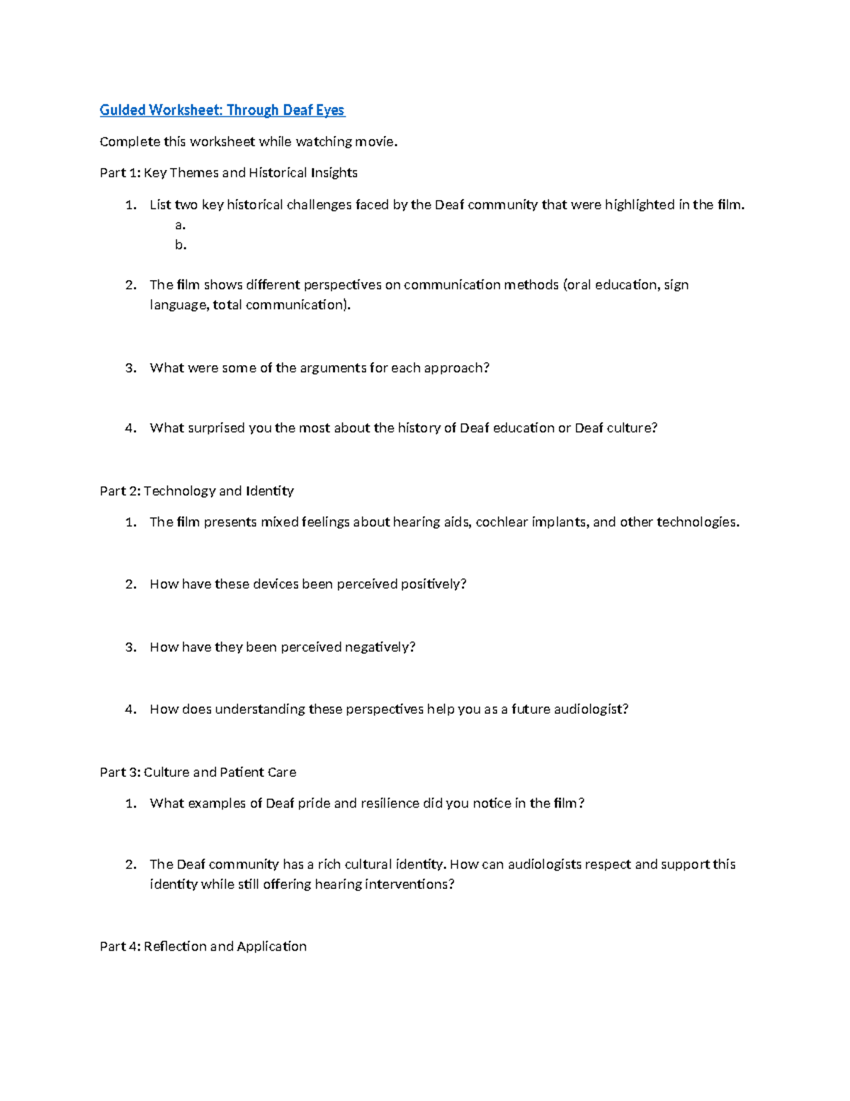Through Deaf Eyes: Guided Worksheet for Audiology Studies - Studocu