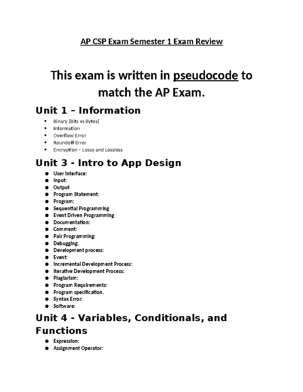 AP CSP Exam Review: Semester 1 Key Concepts and Pseudocode - Studocu