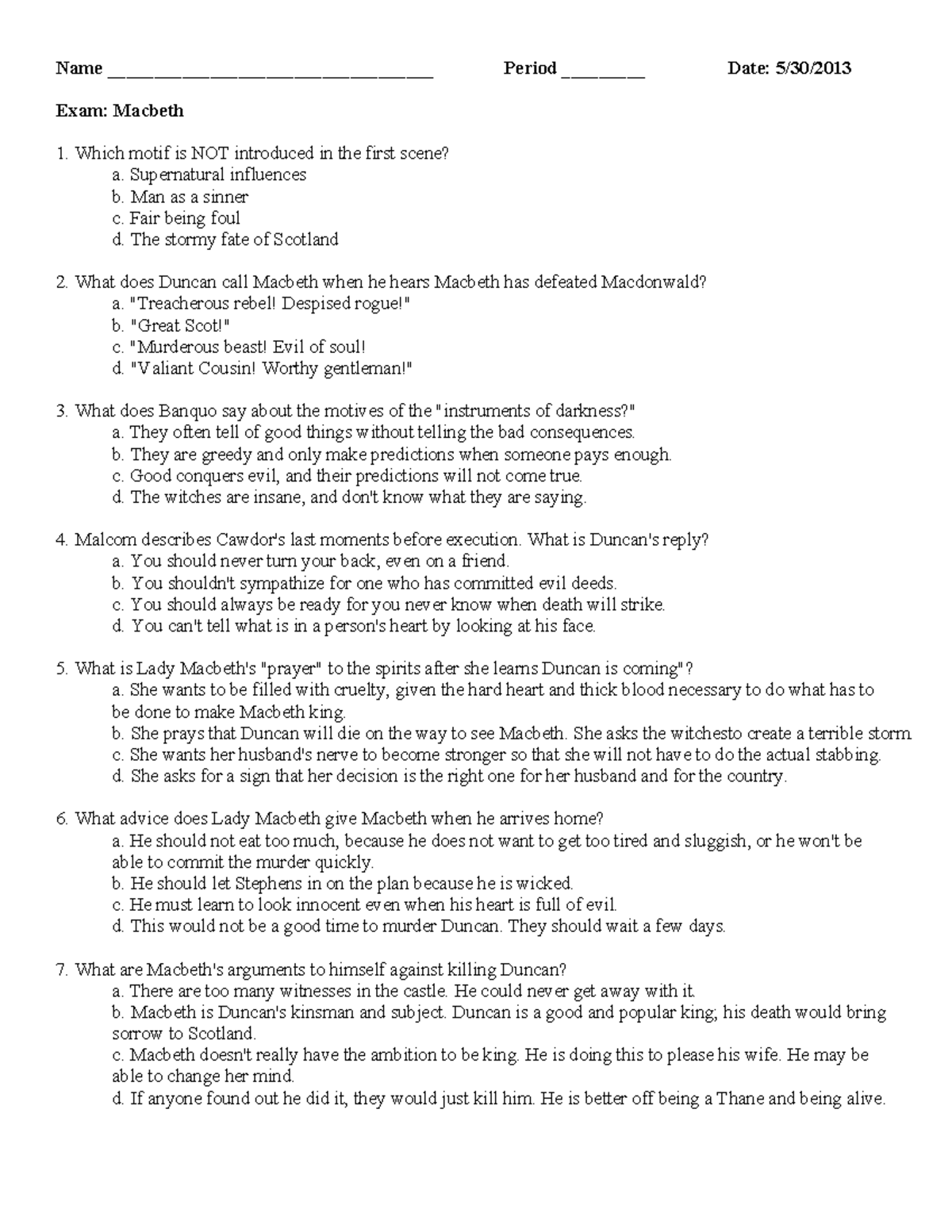 Macbeth Exam Questions and Answers (ENG 101) - Studocu