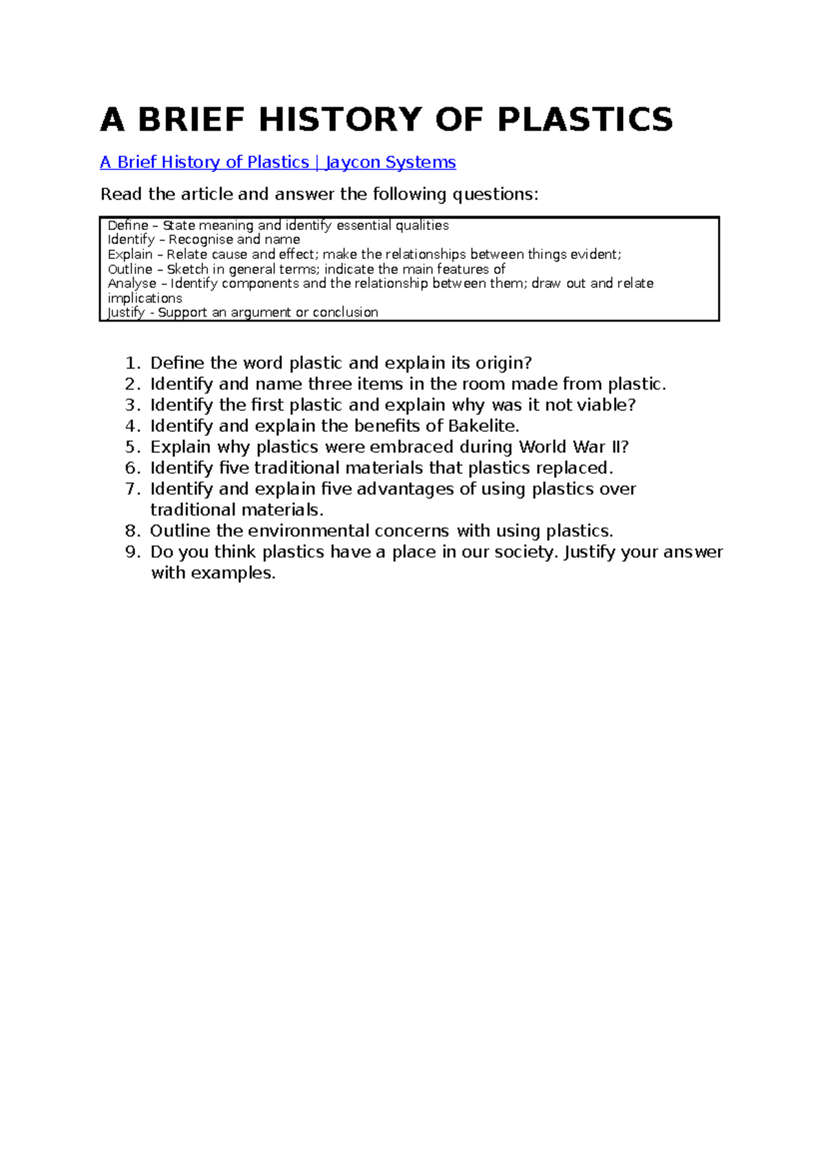 A BRIEF HISTORY OF PLASTICS: Worksheet for Analysis and Discussion ...
