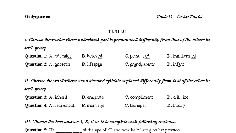 G11 - RT2 - Grade 11 Review Test 02: Pronunciation & Comprehension ...