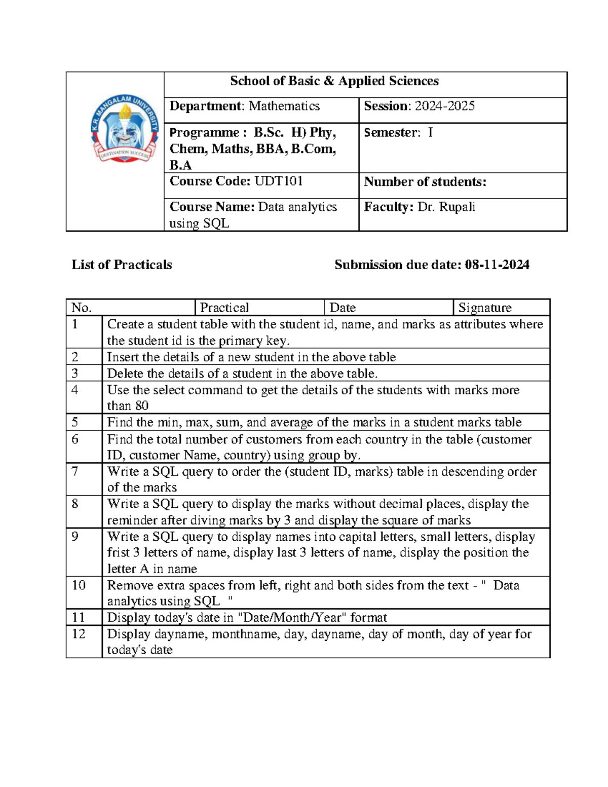 Practical Assignment: SQL UDT101 for Data Analytics (2024-2025) - Studocu