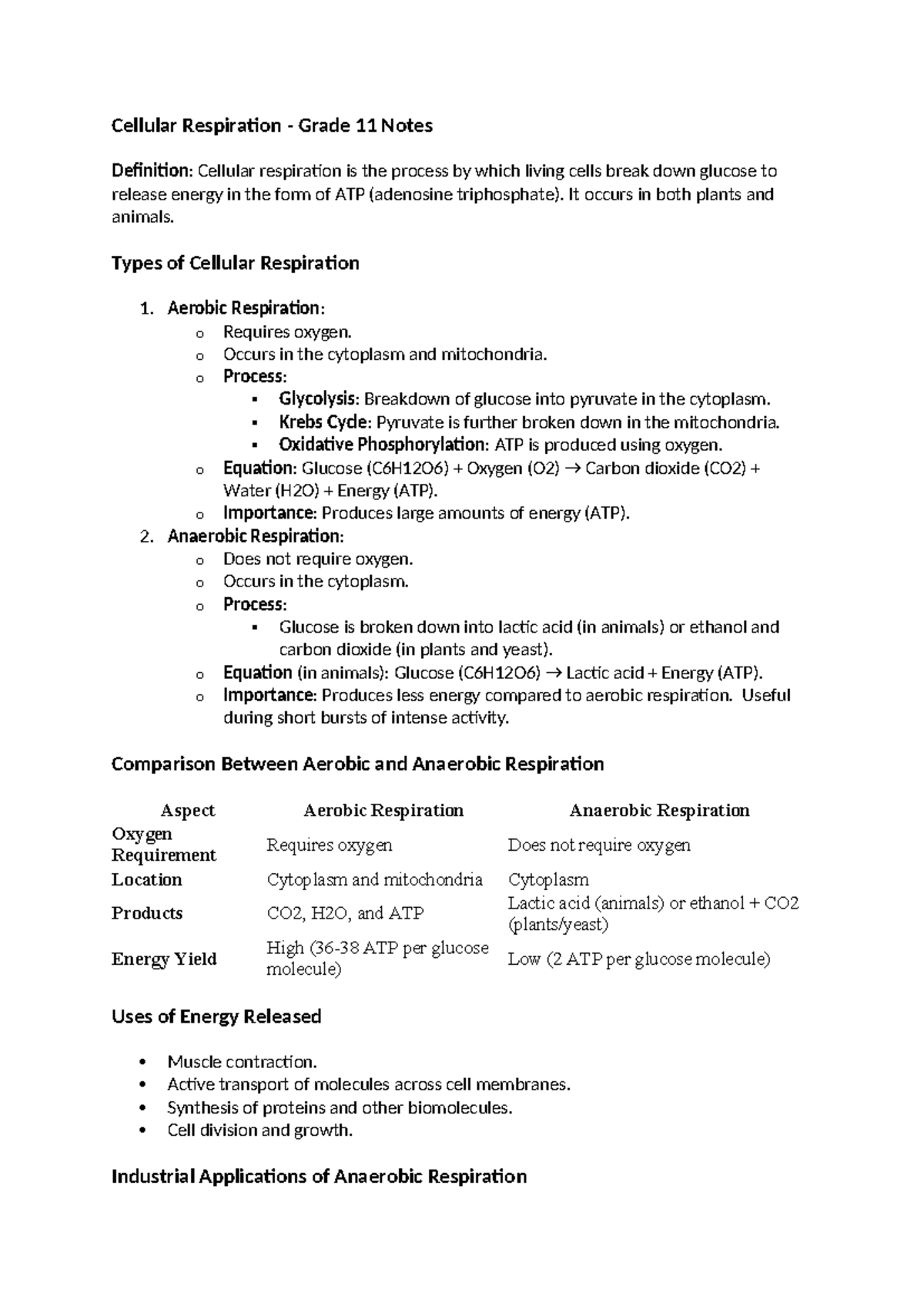 Life Sciences Grade 11: Cellular Respiration Notes and Definitions ...