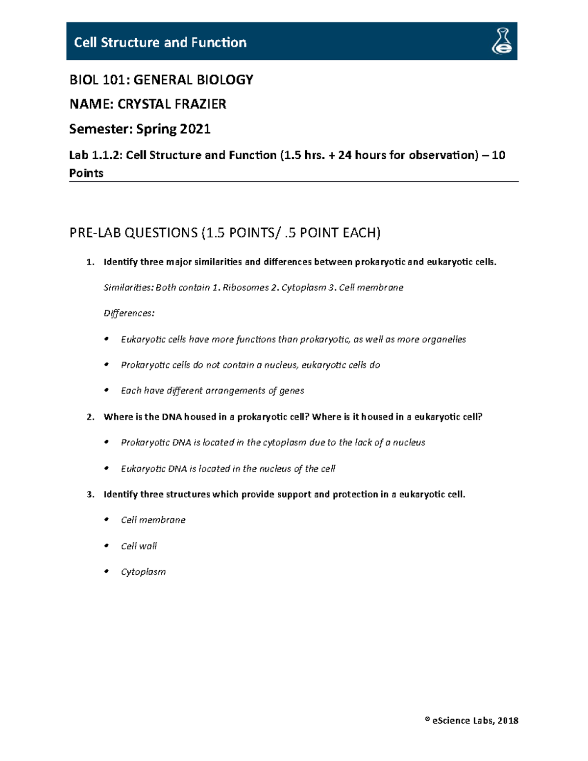 BIOL 101 Lab 1.1.2: Exploring Cell Structure & Function - Studocu