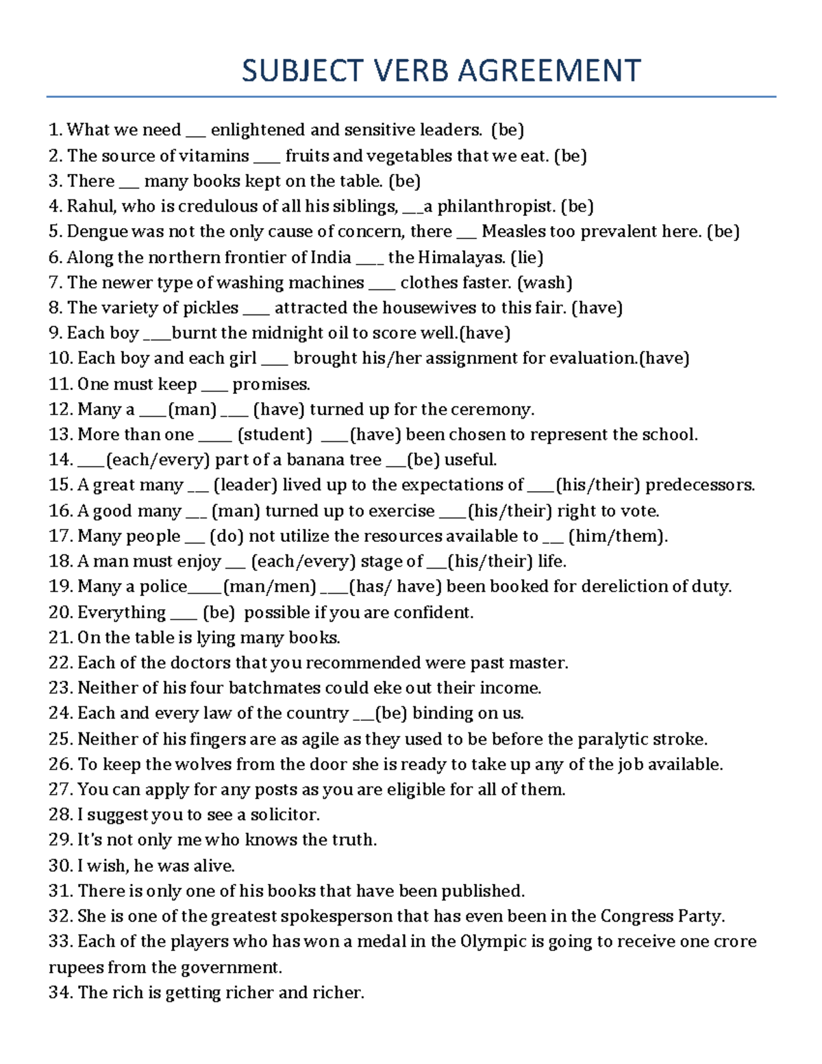 Subject Verb Agreement Practice Questions (SVAP) - Studocu