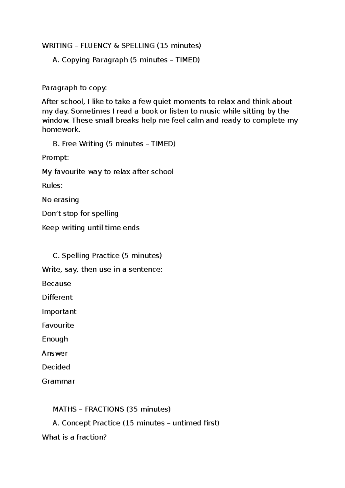 Thursday Practice Worksheet: Writing Fluency & Maths Fractions - Studocu