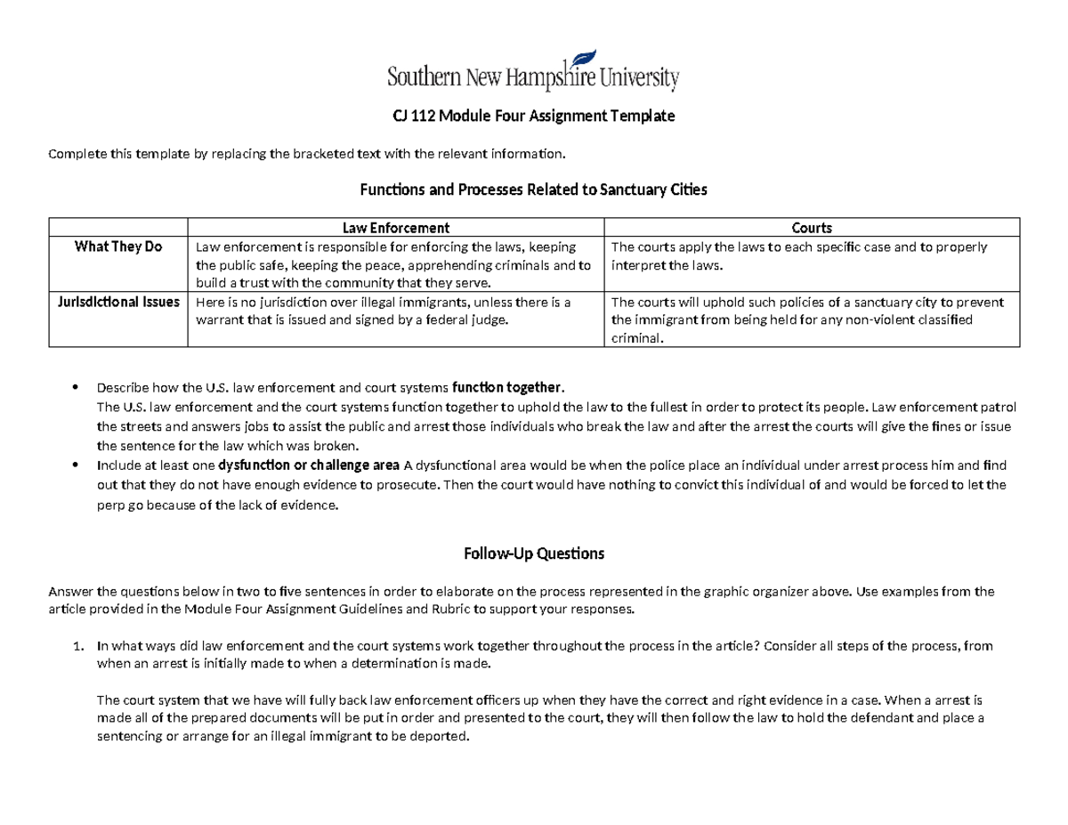 CJ 112 Sanctuary Cities: Enforcement & Court Interaction Template - Studocu