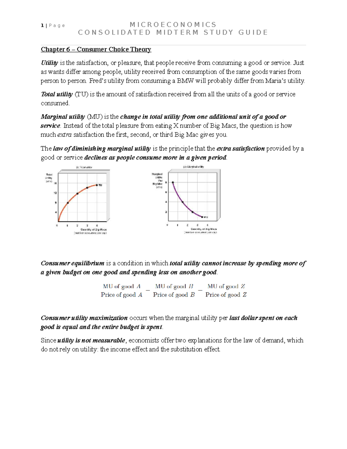 Microeconomics C O N S O L I D A T E D Midterm Study Guide: Consumer ...