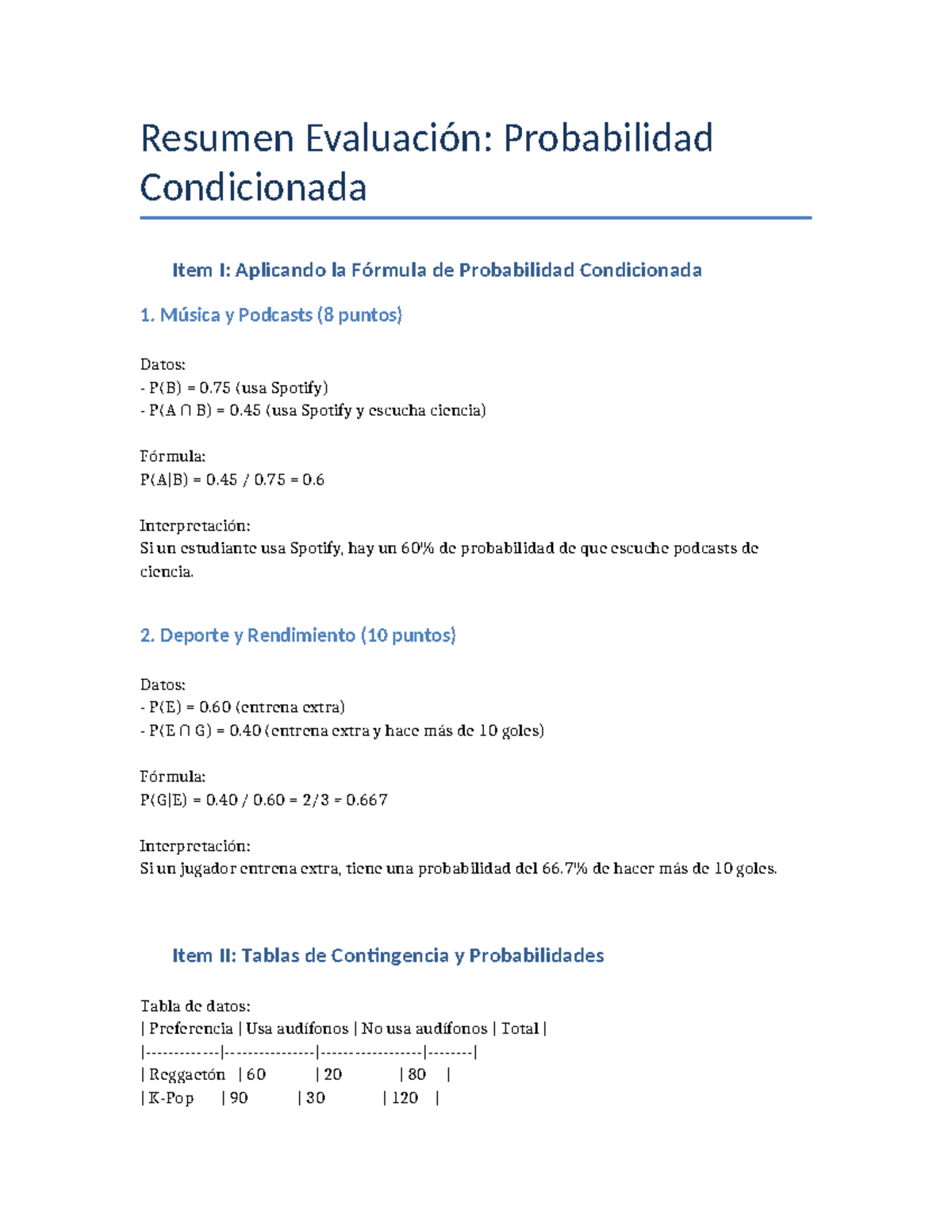 Resumen Evaluación: Probabilidad Condicionada y Tablas de Contingencia ...