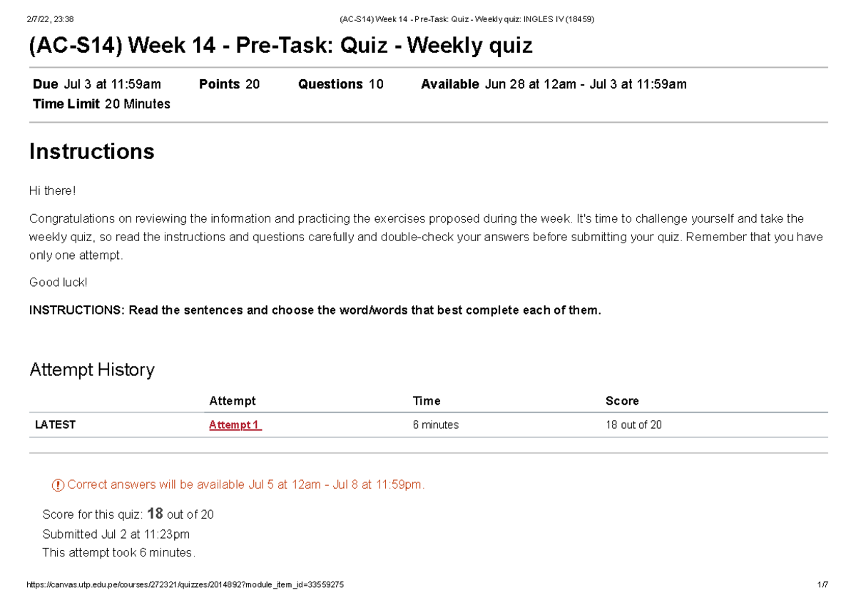 (AC-S14) Week 14 - Pre-Task Quiz Overview & Instructions - Studocu