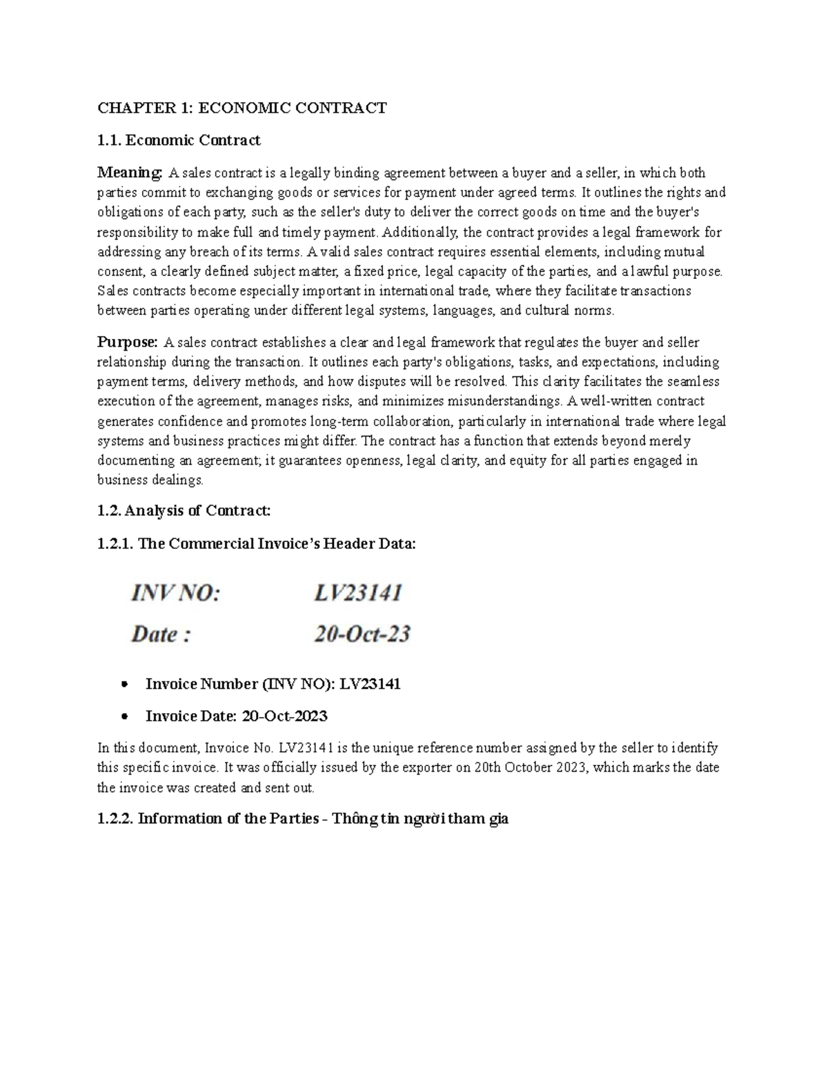 CHAPTER 1: ECONOMIC CONTRACT - Sales Agreement Overview and Analysis ...