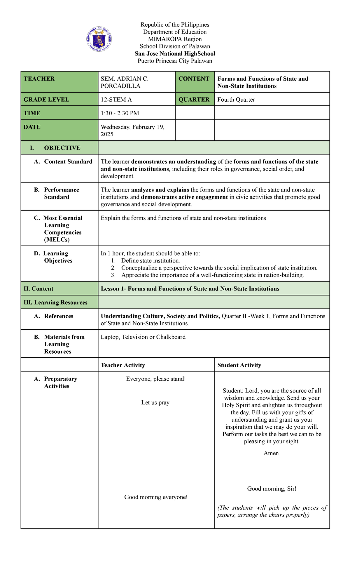 UCSP DLP1 - Daily Lesson Plan on Forms & Functions of State ...