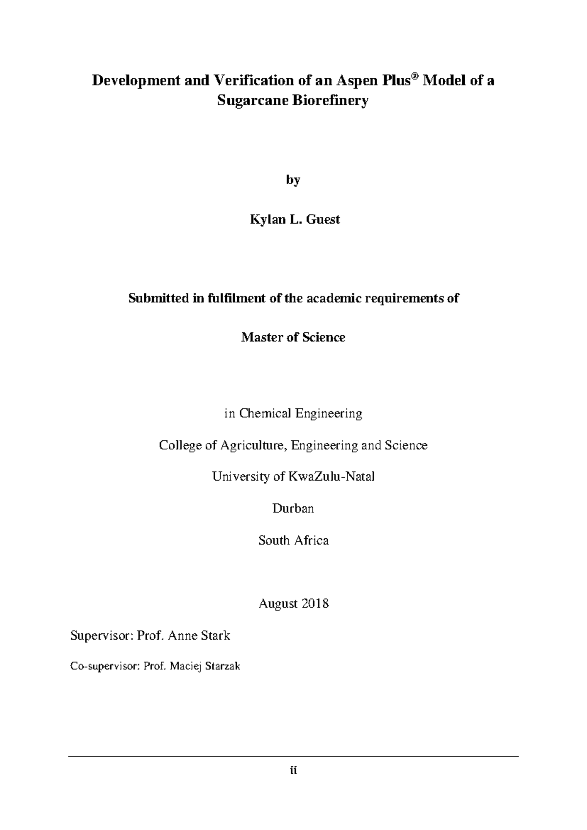Development and Verification of an Aspen Model for Sugarcane ...