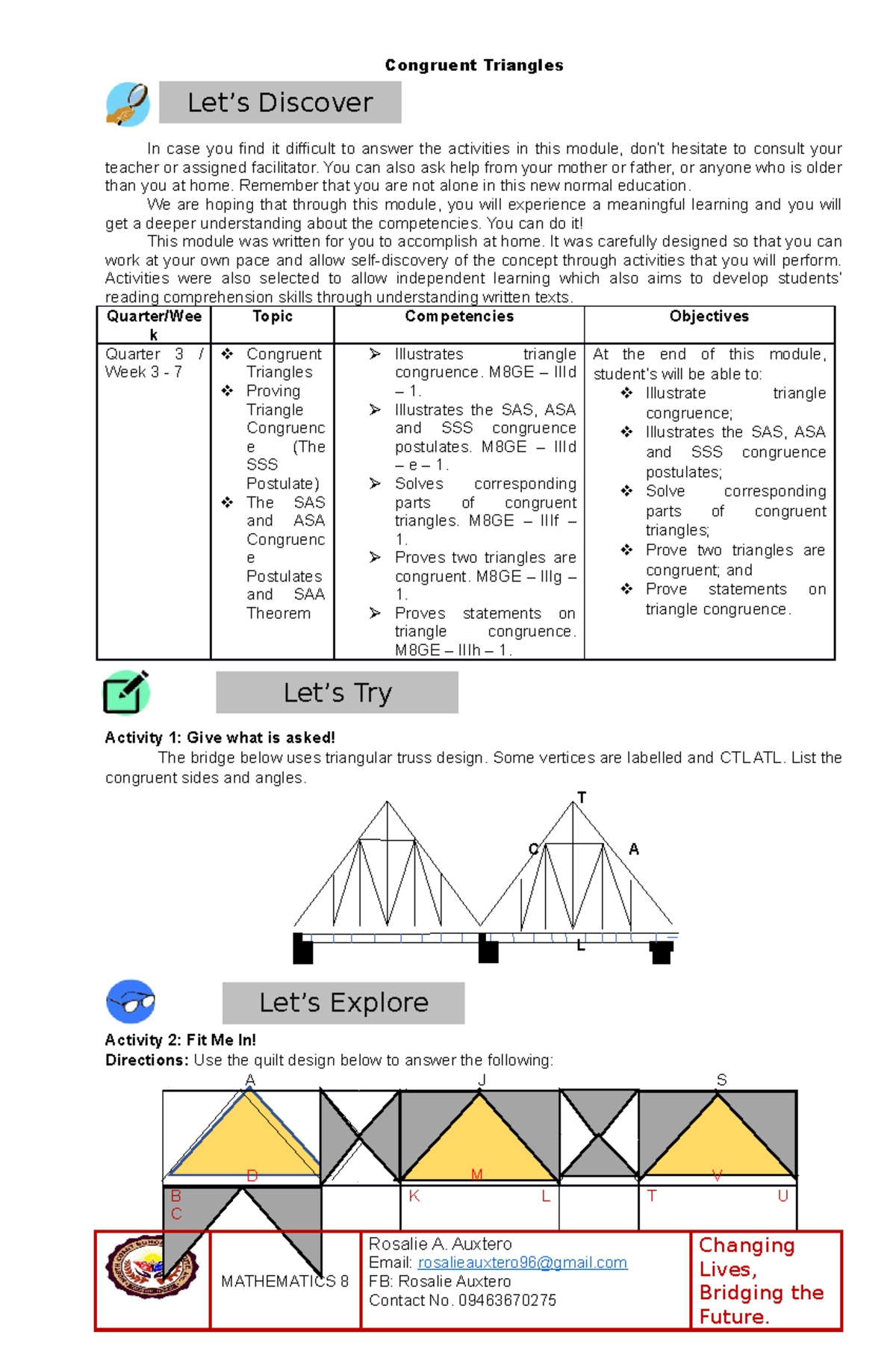 Math 8 Q3 Module 3-7: Understanding Congruent Triangles Concepts - Studocu