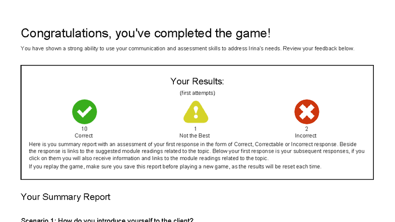 Mental Health Game Report: Assessment & Feedback Summary - Studocu