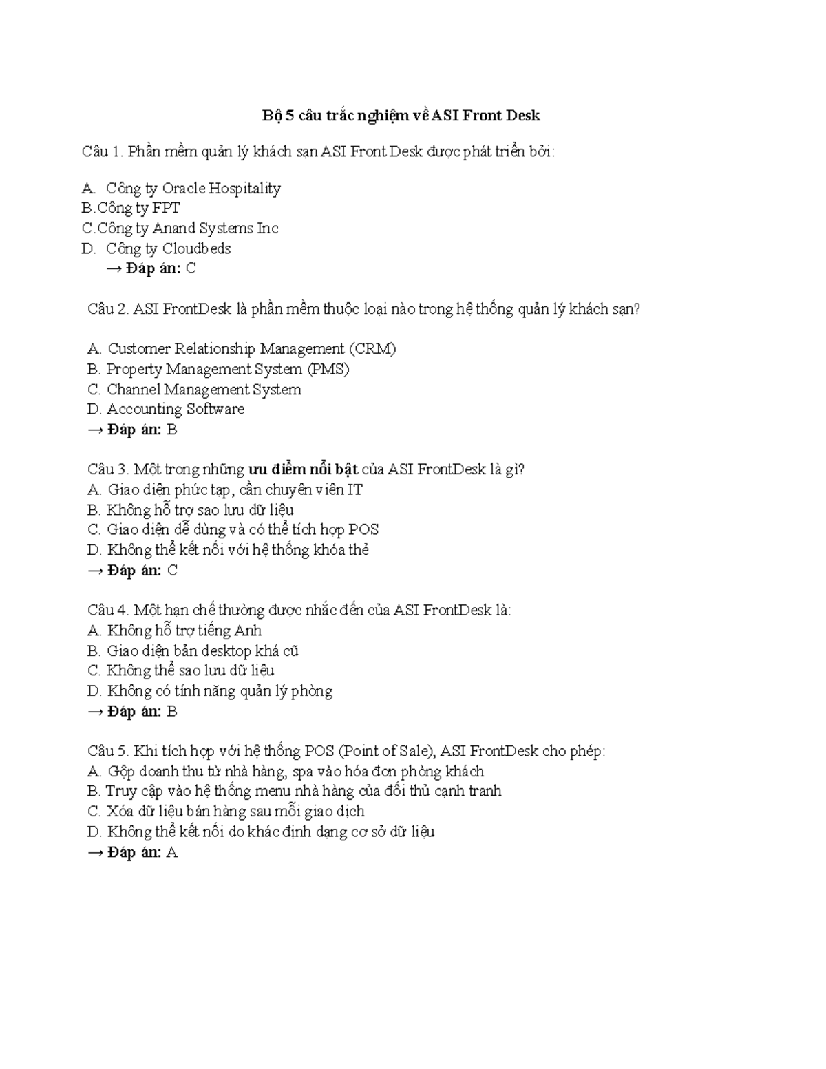 Bộ 5 câu trắc nghiệm về ASI Front Desk - Quiz Notes - Studocu