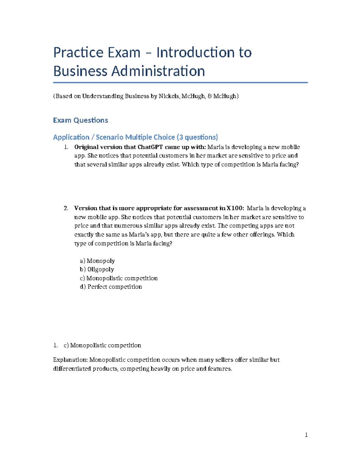 Practice Exam for Introduction to Business Administration (X100) - Studocu