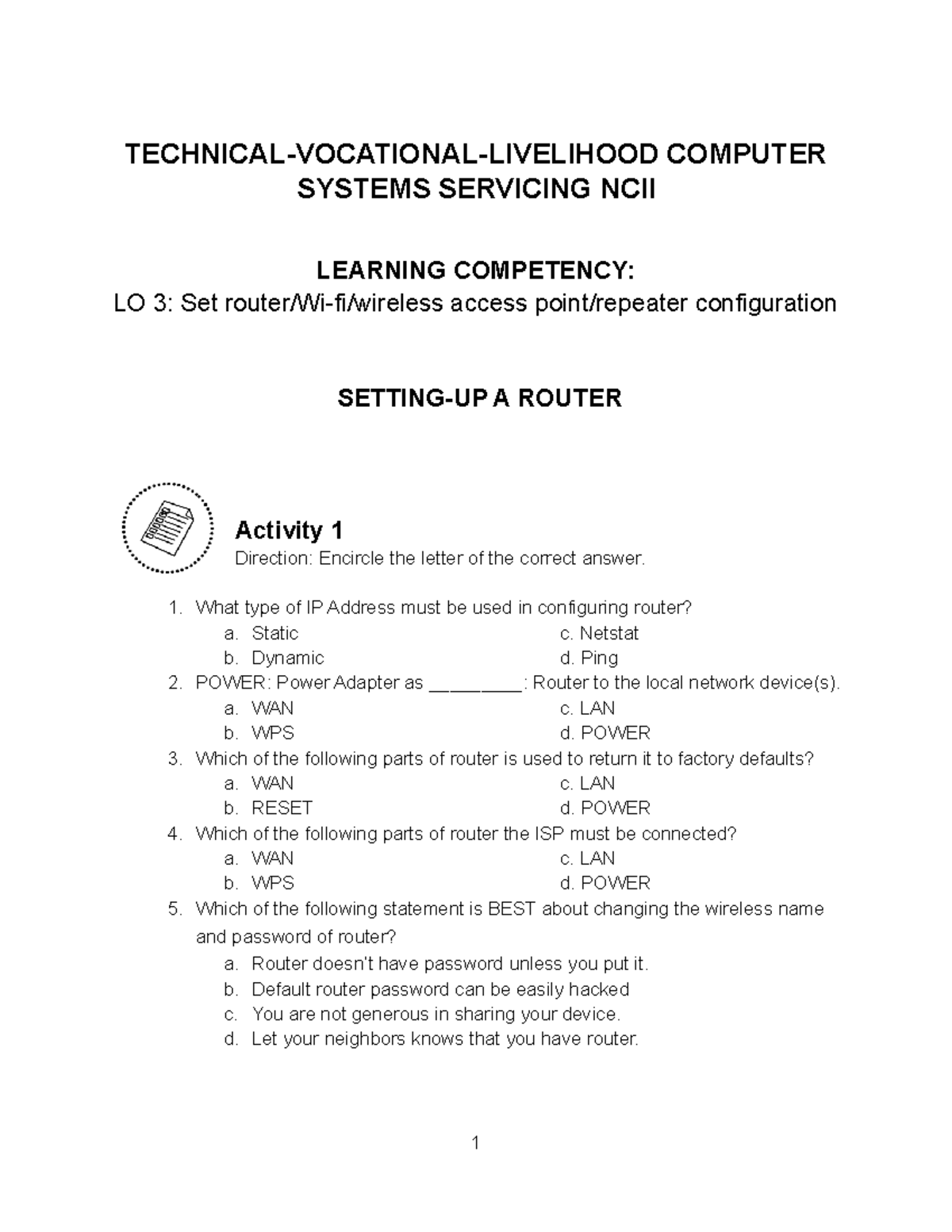 CSS NCII Activity 1: Setting Up a Router and Access Configurations ...