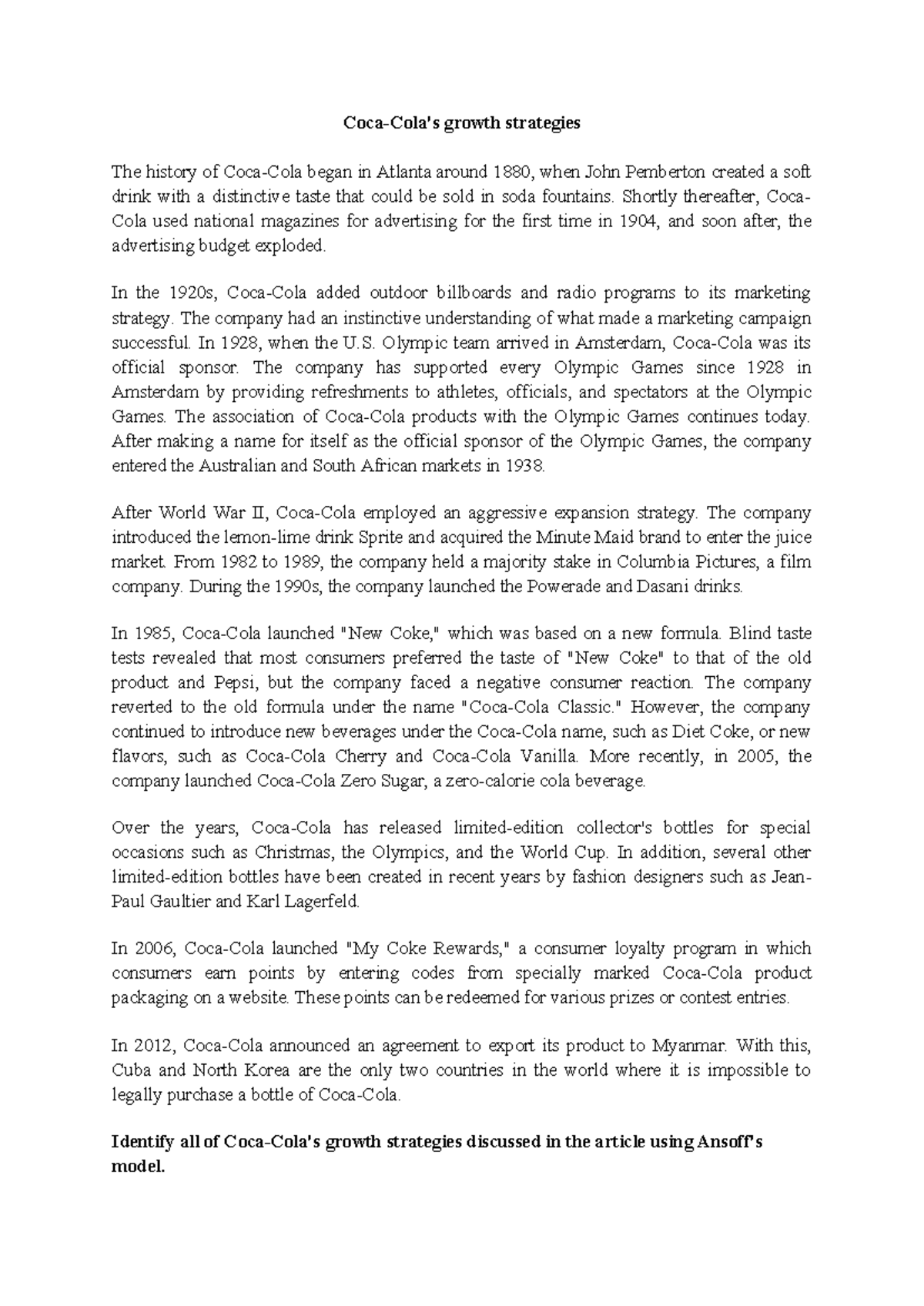 S2 - Coca-Cola Growth Strategies: A Historical Overview - Studocu