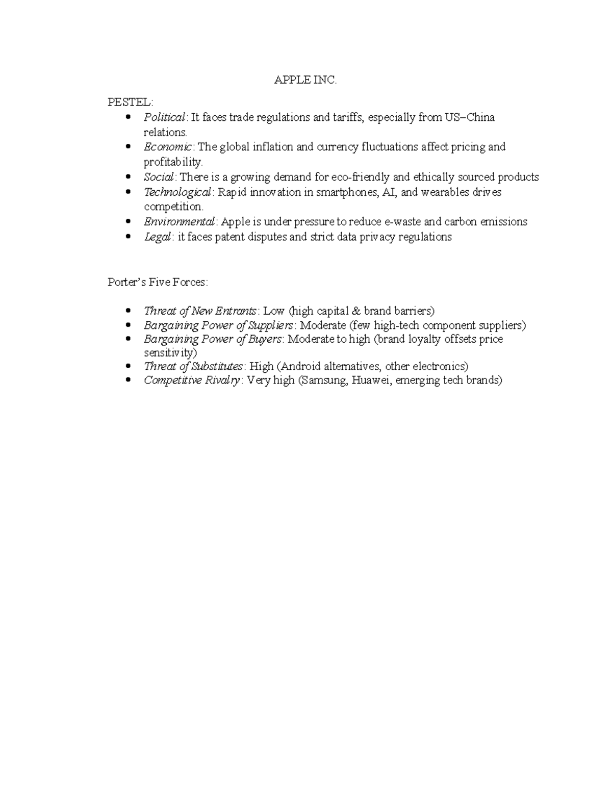 APPLE INC. PESTEL & PORTER'S ANALYSIS: Trade, Tech, and Competition ...