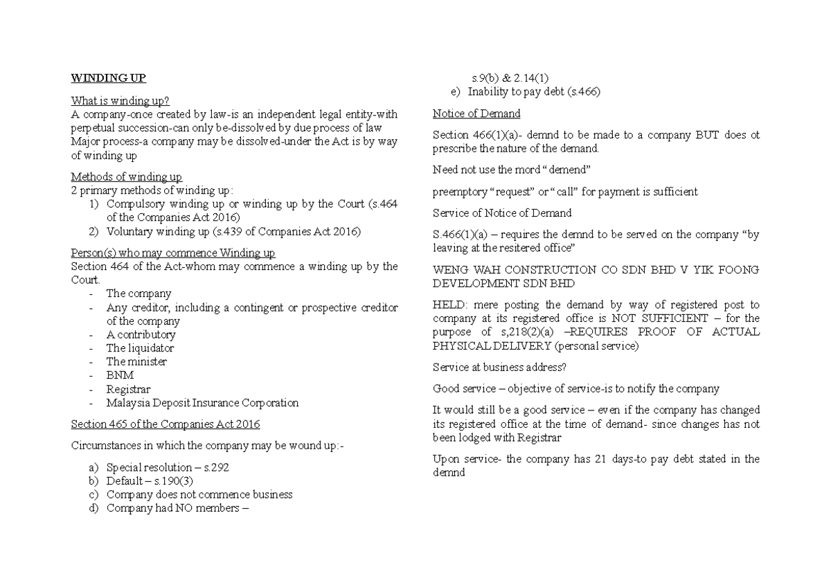 Winding UP (simplified notes) - WINDING UP What is winding up? A ...