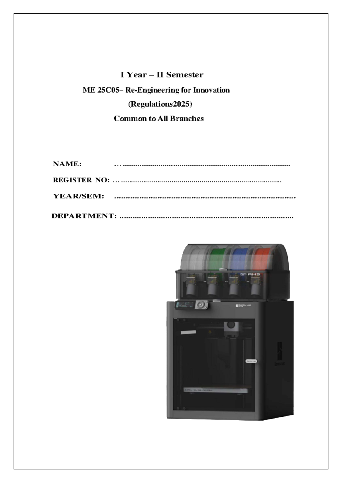 Re Engineering Lab Manual for ME25C05: Prototyping & Product ...