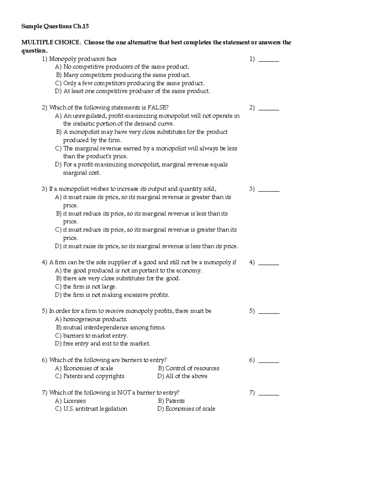 Chapter 15 Monopoly Practice Exam Q&A (ECO 101) - Studocu