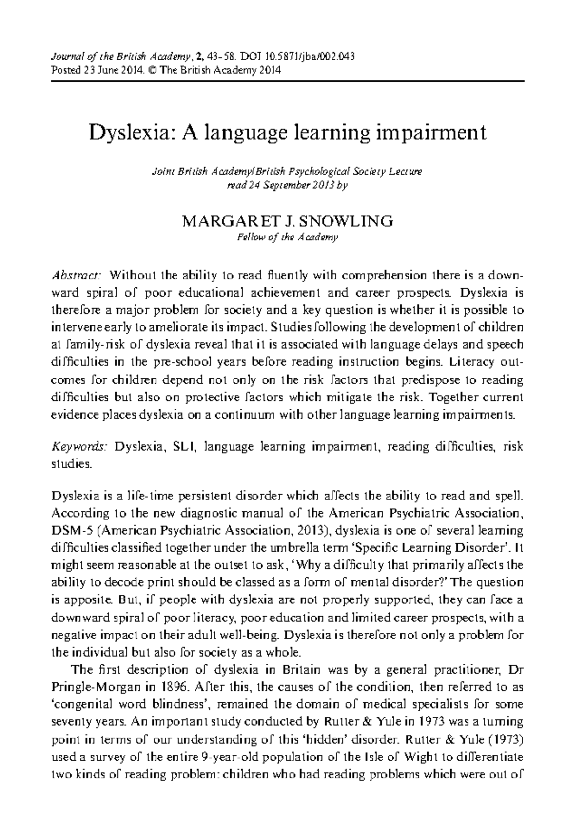 Dyslexia: A Language Learning Impairment - Lecture Notes (03) - Studocu