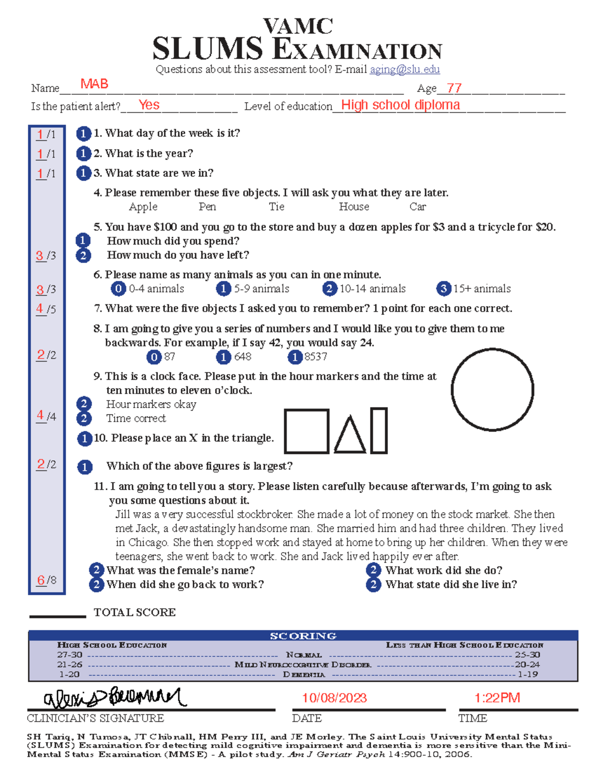 VAMC SLUMS Examination Questions & Scoring Guide MAB 77 - Studocu