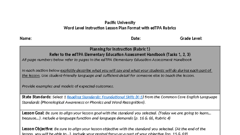 Pacific University edTPA Lesson Plan: Foundational Skills in Literacy ...
