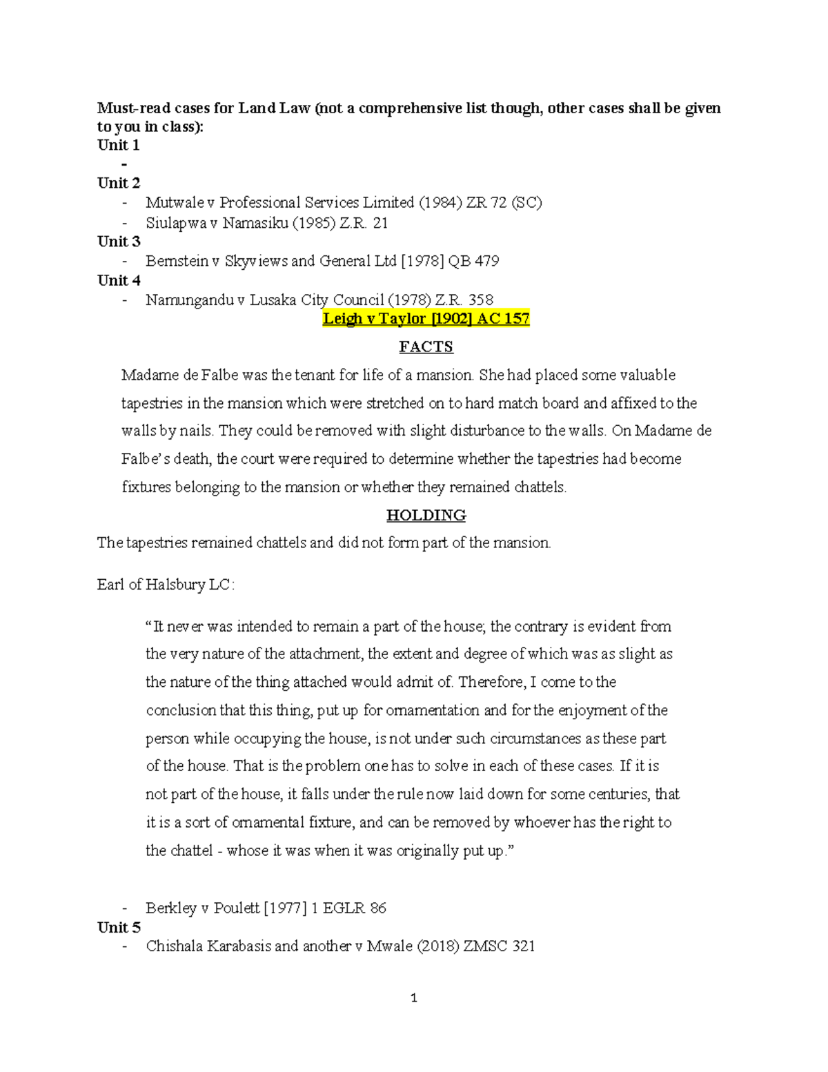 Land Law Cases Overview: Key Cases and Legal Principles (Unit 1-10 ...