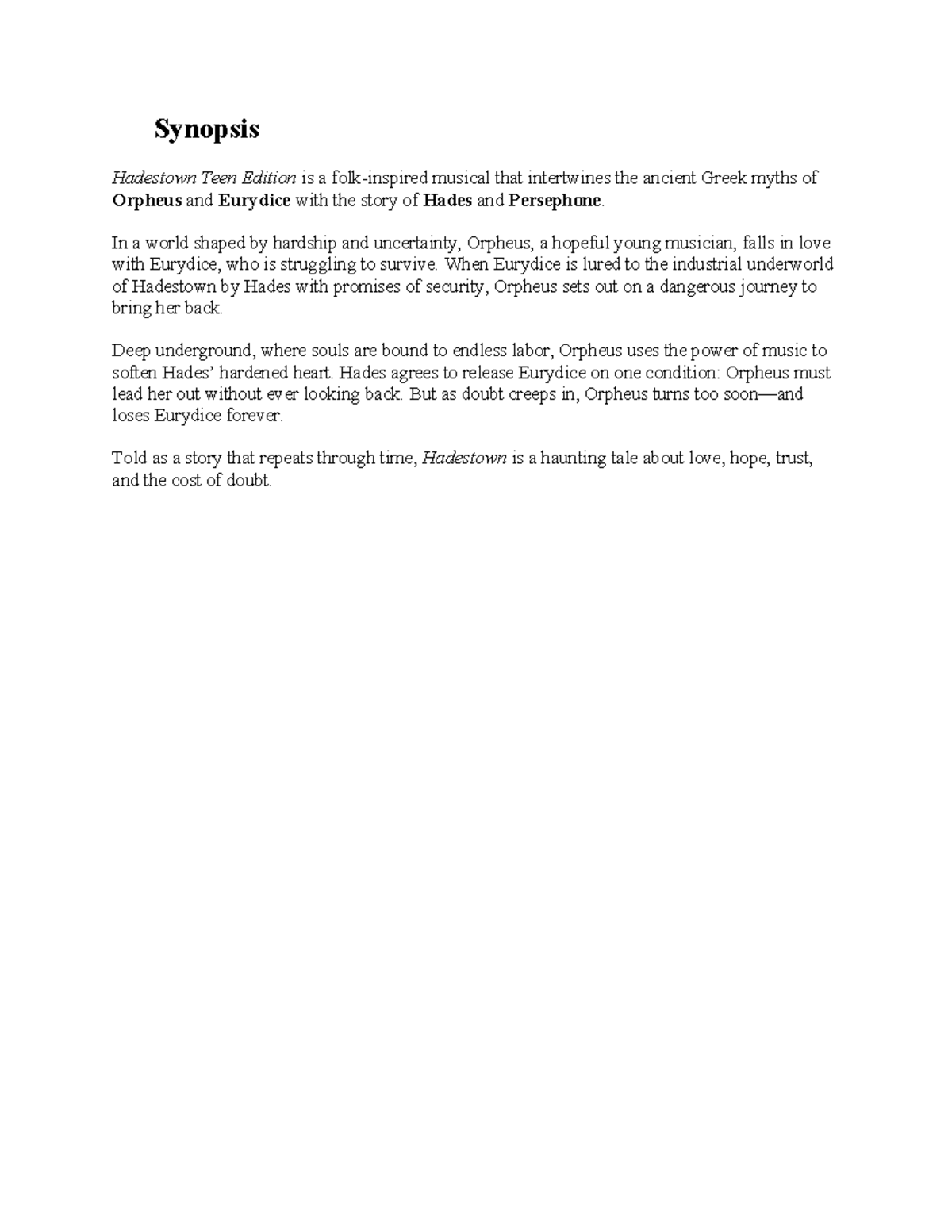 Hadestown Synopsis: A Musical Retelling of Greek Myths - Studocu