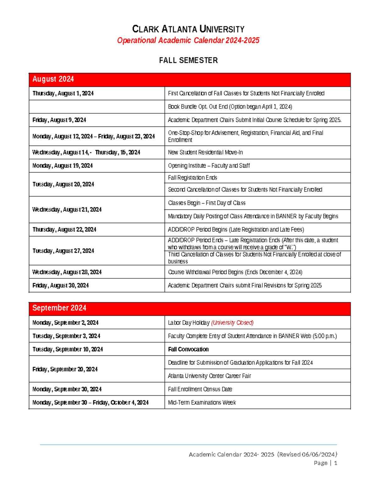 Academic Calendar 2024-2025 - Clark Atlanta University (Revised 06/06 ...