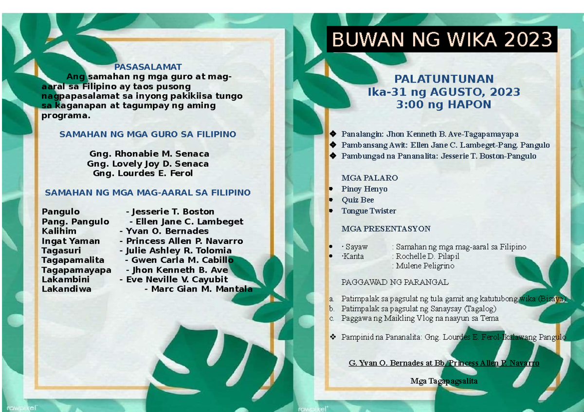 Programa para sa Buwan ng Wika 2023: Tema at Aktibidades - Studocu