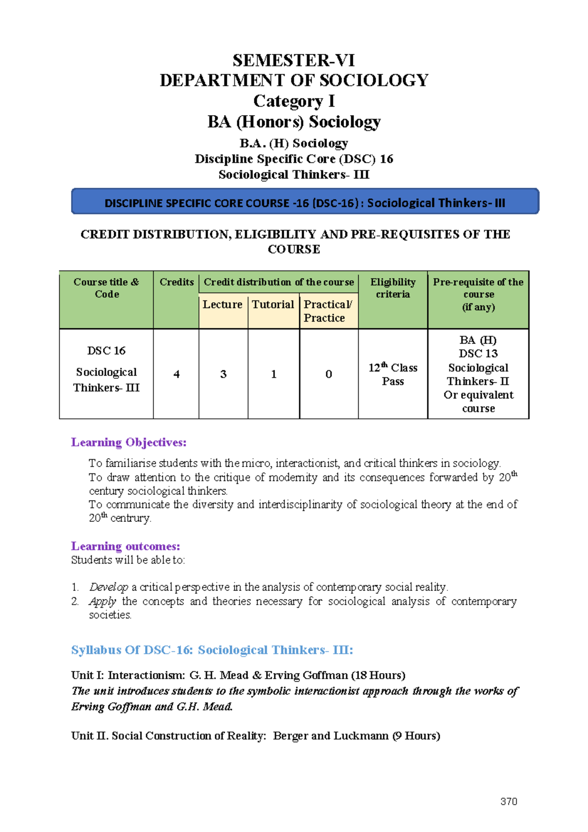 BA (H) Sociology DSC Syllabus Overview: Key Concepts & Methods - Studocu