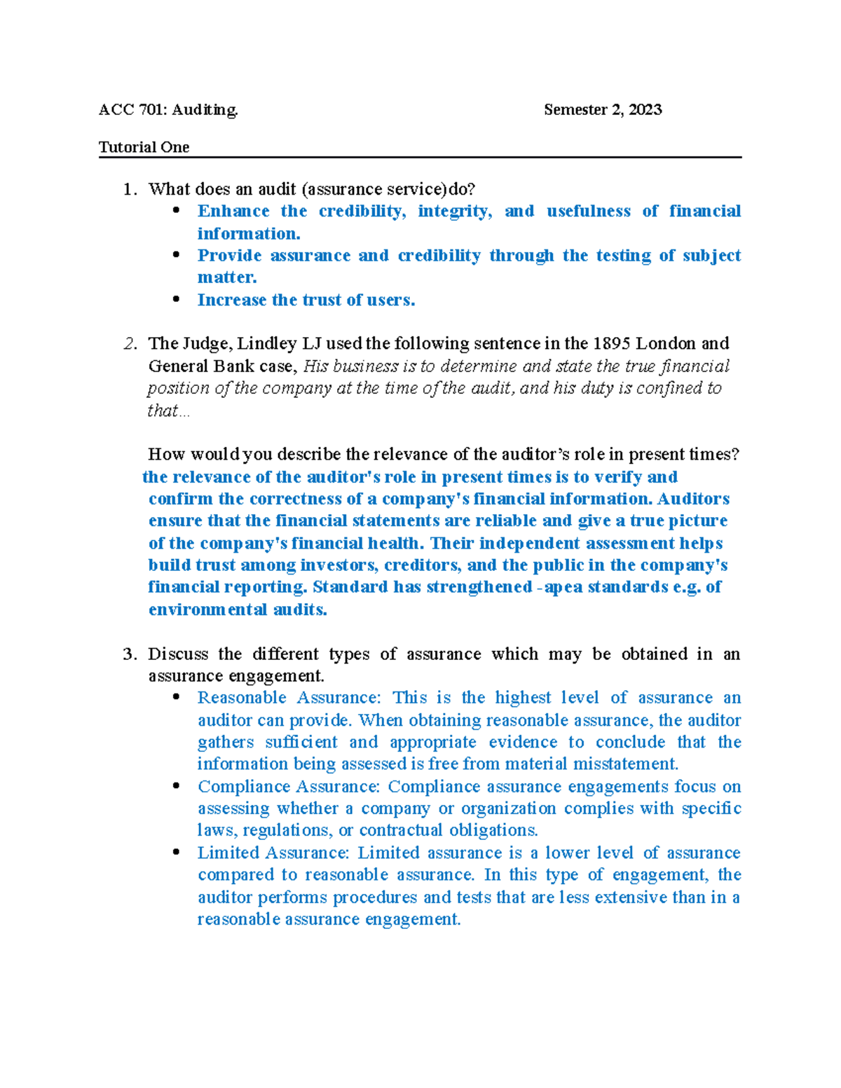 ACC701 Tutorial 1: Understanding the Role and Importance of Auditing - Studocu