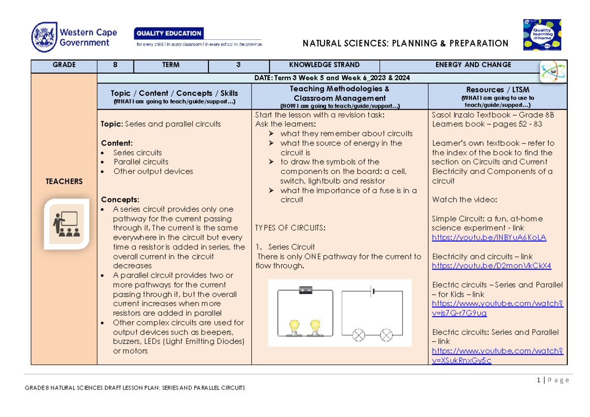 GRADE 8 NATURAL SCIENCES: LESSON PLAN ON SERIES AND PARALLEL CIRCUITS ...