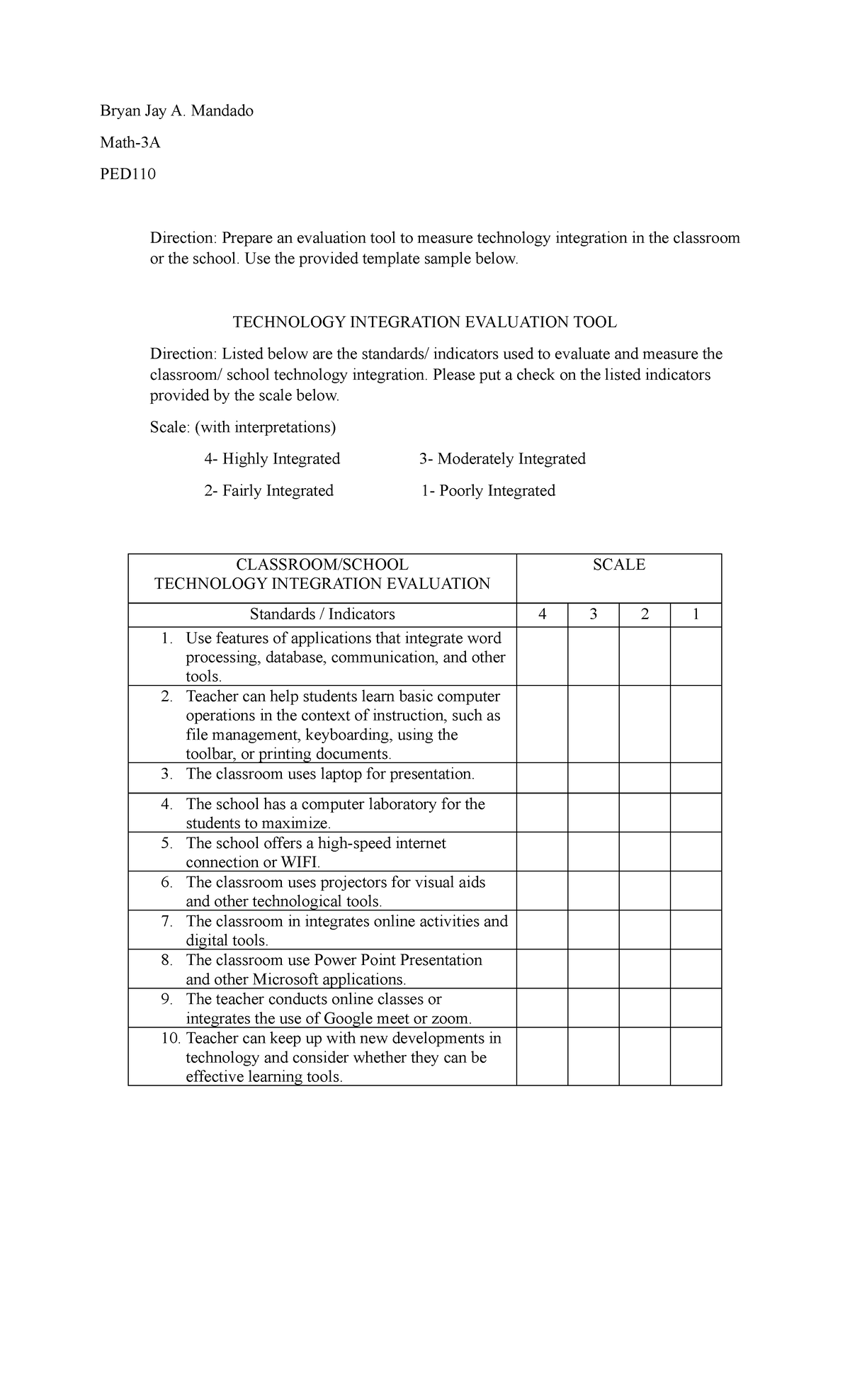PED110 Technology Integration Evaluation Tool for Classroom Use - Studocu