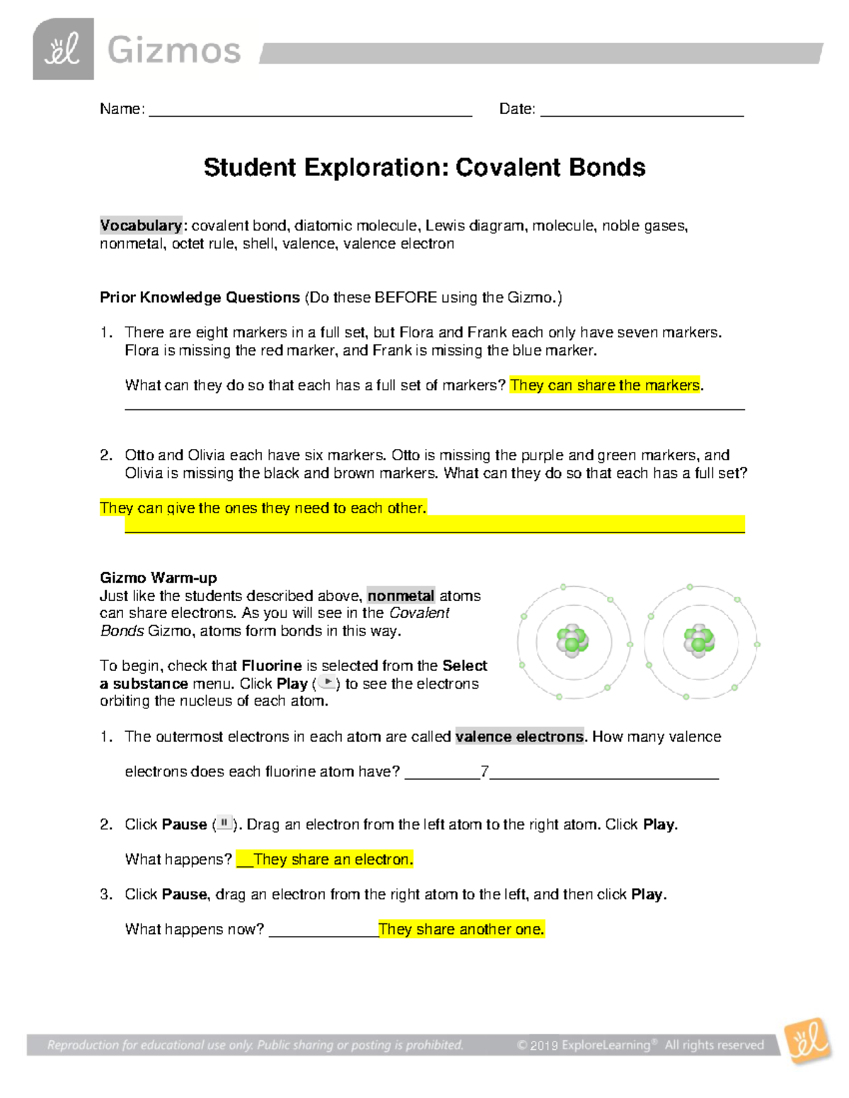 Covalent Bonds Exploration Gizmo Answer Sheet (CHEM101) - Studocu