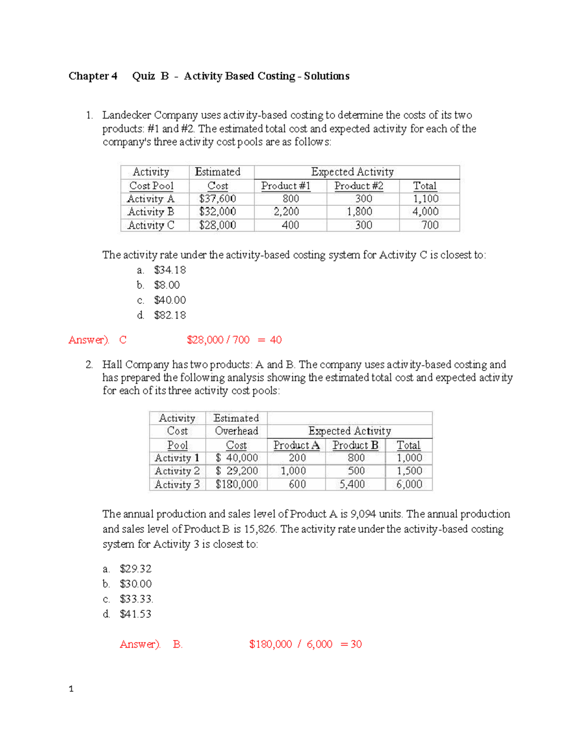 Quiz B - Ch 4 Activity Based Costing Solutions and Analysis - Studocu